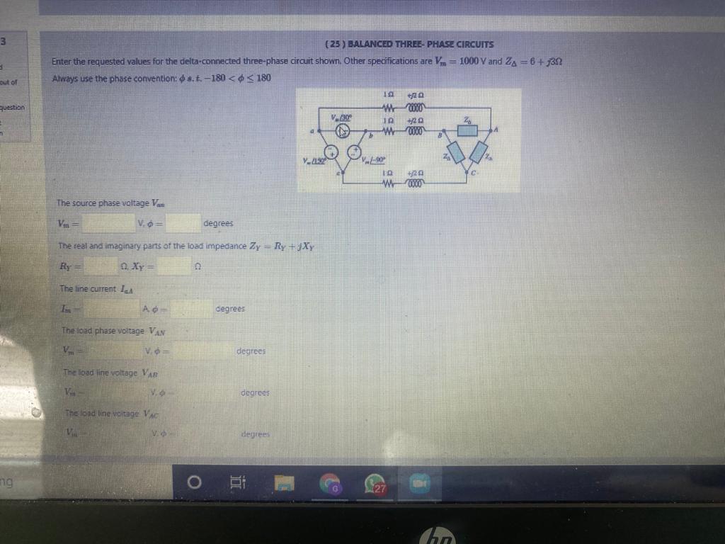 Solved 3 ut of (25) BALANCED THREE PHASE CIRCUITS Enter the | Chegg.com