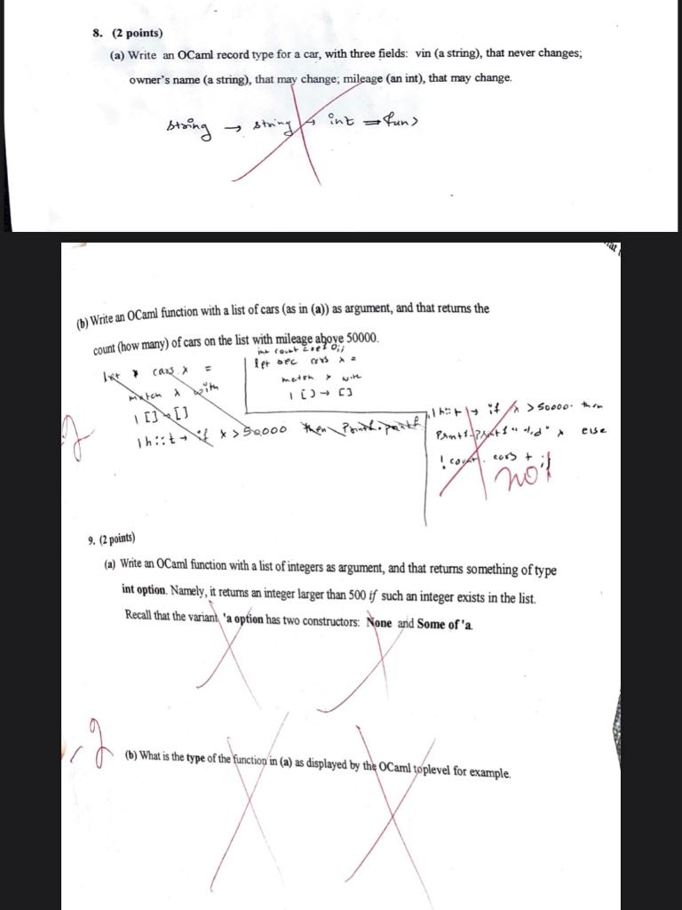 Solved 8. (2 points) (a) Write an OCaml record type for a | Chegg.com