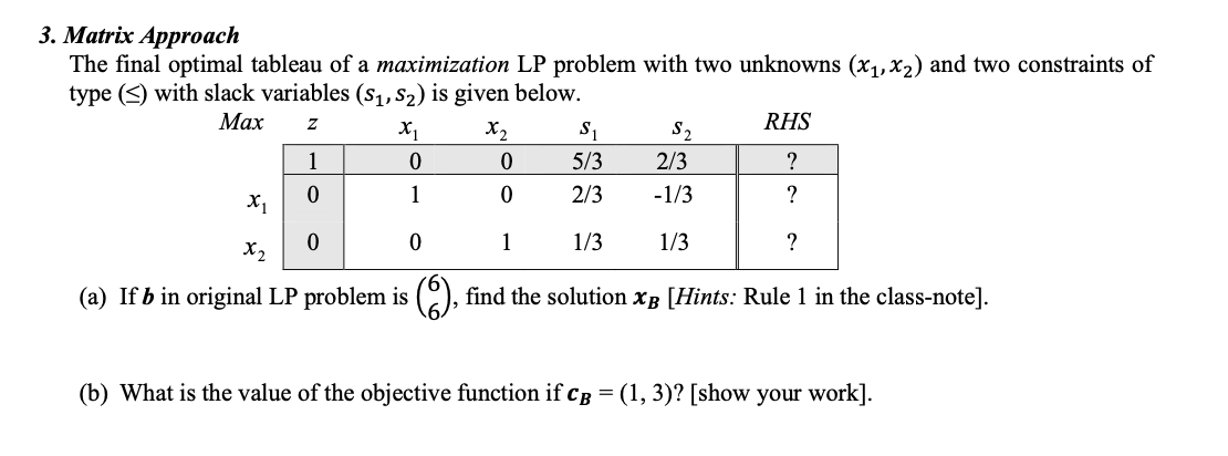 Solved 3. Matrix Approach The final optimal tableau of a | Chegg.com