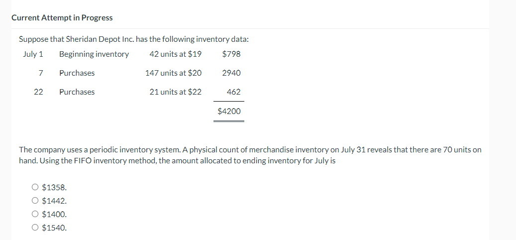 Solved Current Attempt in Progress Suppose that Sheridan | Chegg.com