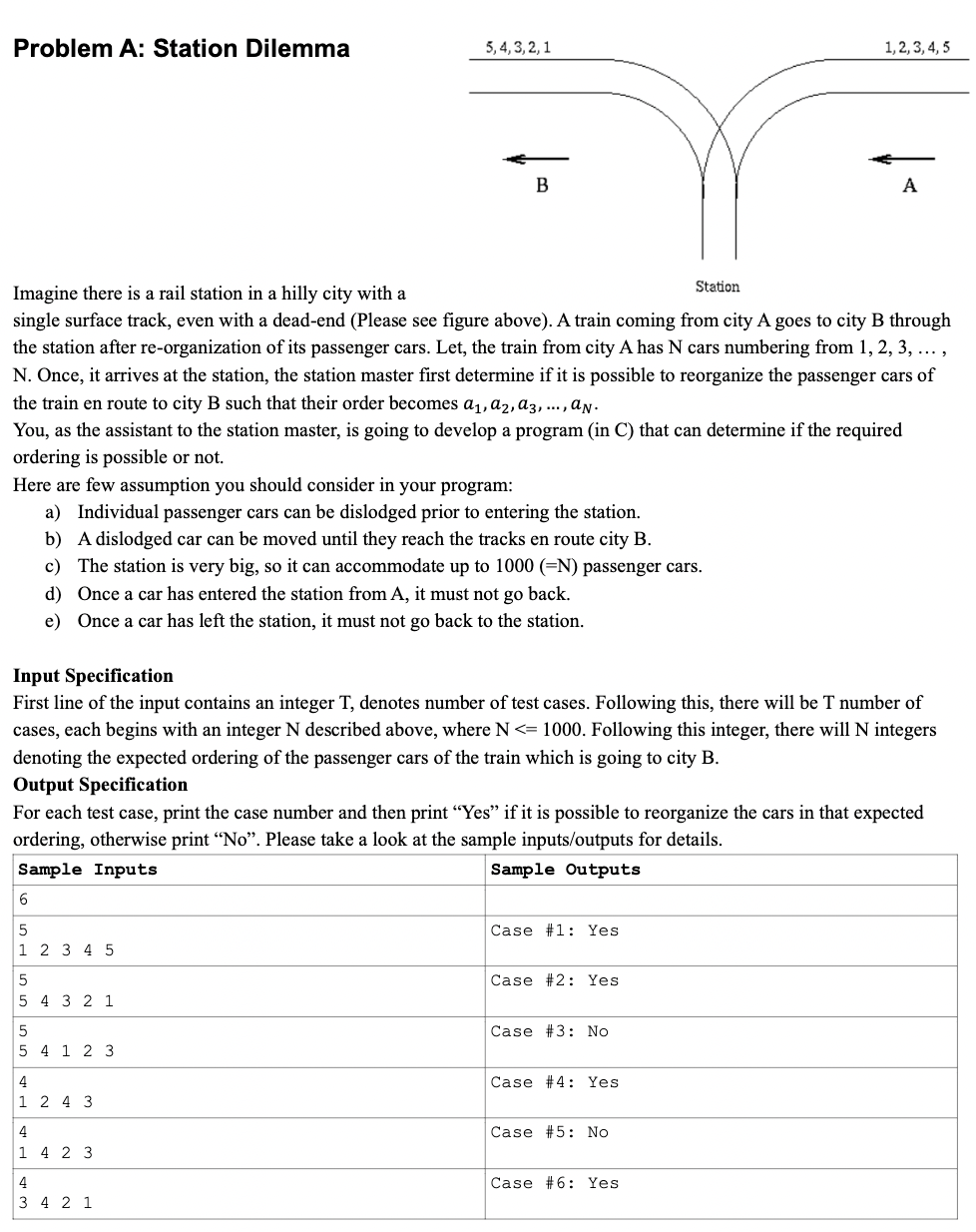 Solved Problem A: Station Dilemma 5,4,3,2,1 1,2,3,4,5 B A | Chegg.com