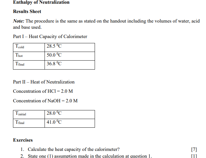 Enthalpy of Neutralization Results Sheet Note: The | Chegg.com