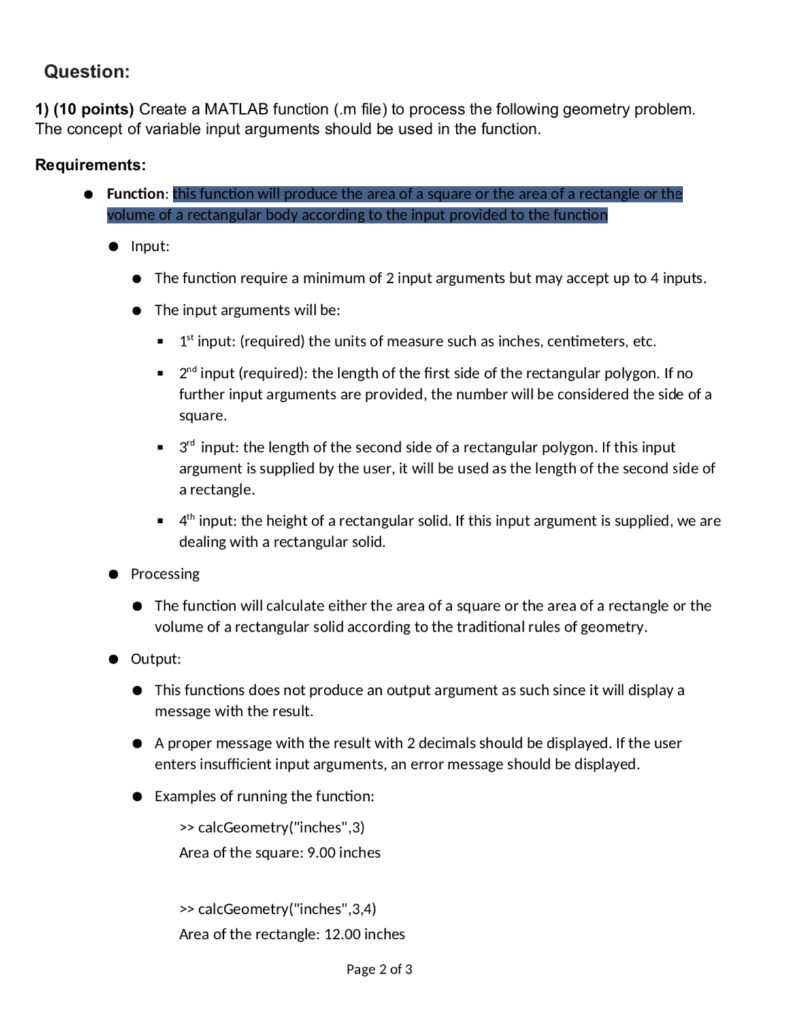 Solved Question: 1) (10 points) Create a MATLAB function (.m | Chegg.com