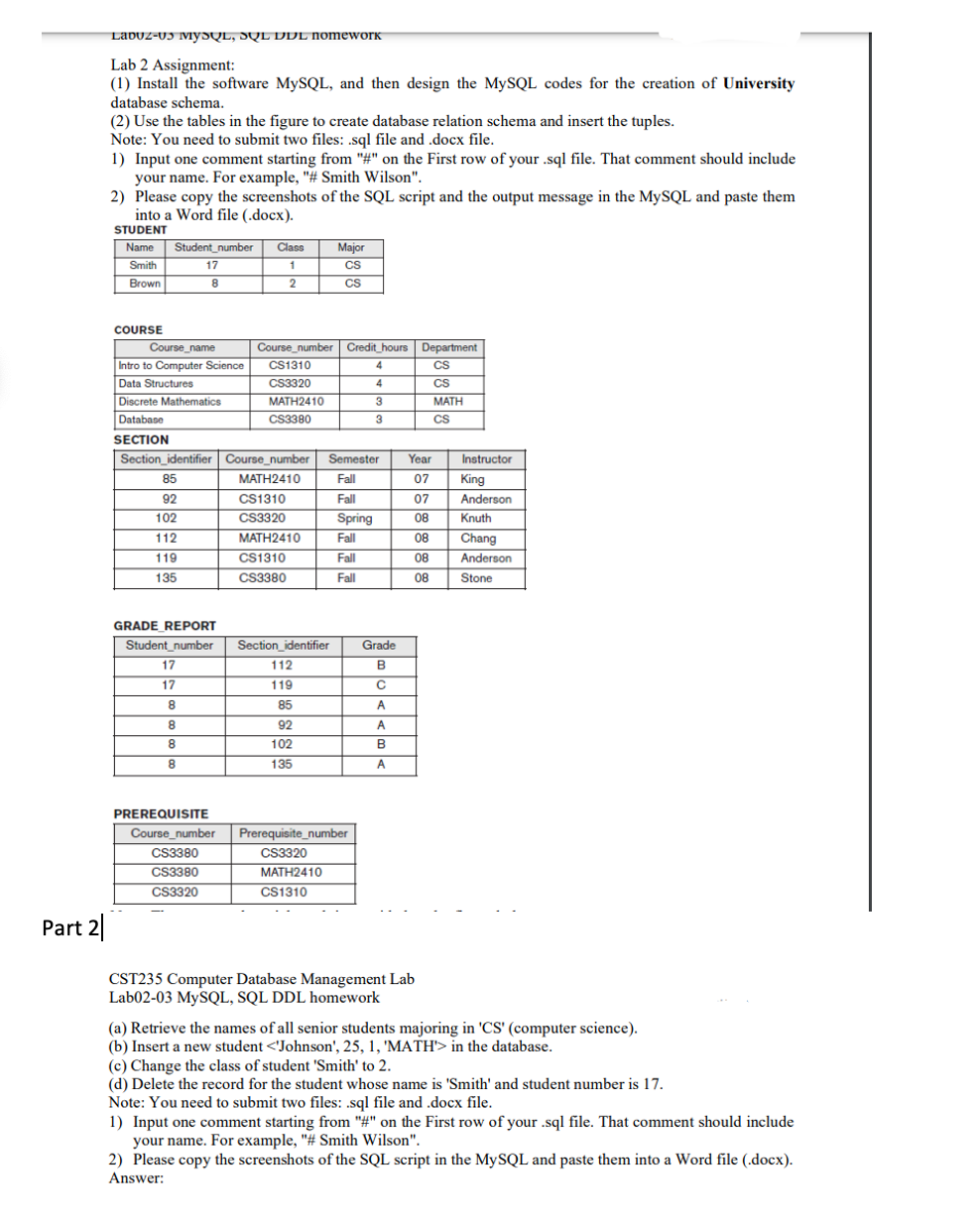 Solved Part 2 Laduz-uɔ MySQL, SQL DDL nomework Lab 2 | Chegg.com