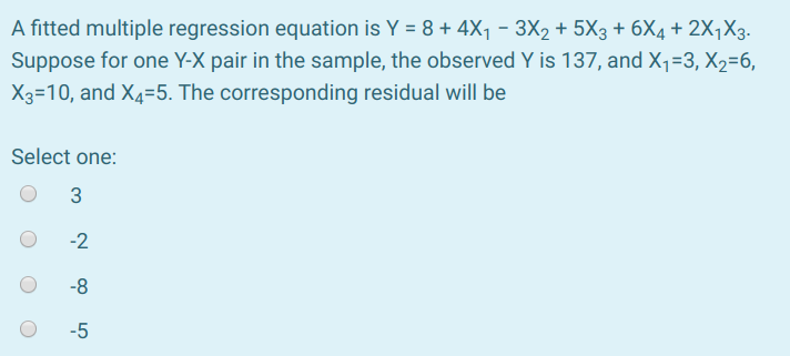 Solved A fitted multiple regression equation is Y = 8 + 4X1 | Chegg.com