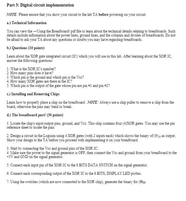 Solved Part 3: Digital circuit implementation NOTE: Please | Chegg.com