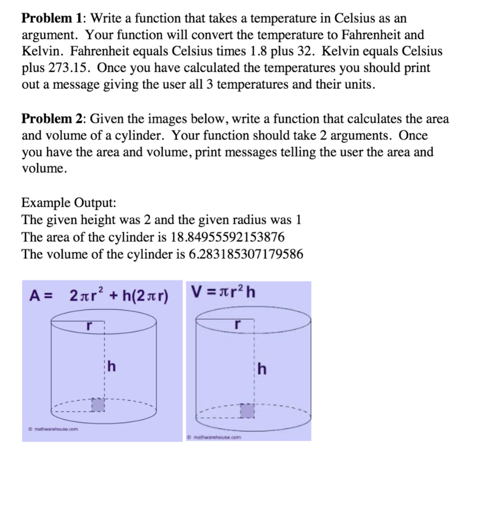 Solved Problem 1: Write a function that takes a temperature | Chegg.com