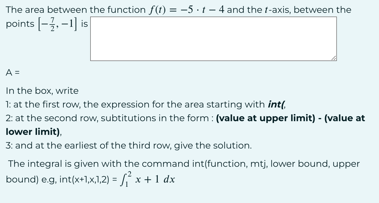 Solved The area between the function f(t)=-5*t-4 ﻿and the | Chegg.com