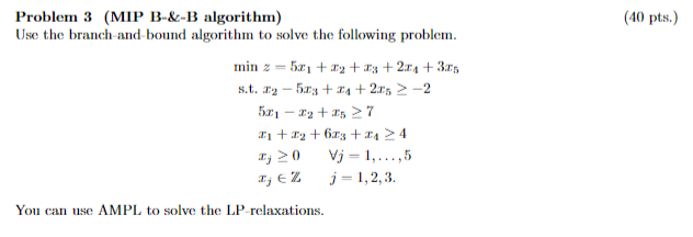 Solved (40 pts.) Problem 3 (MIP B-&-B algorithm) Use the | Chegg.com