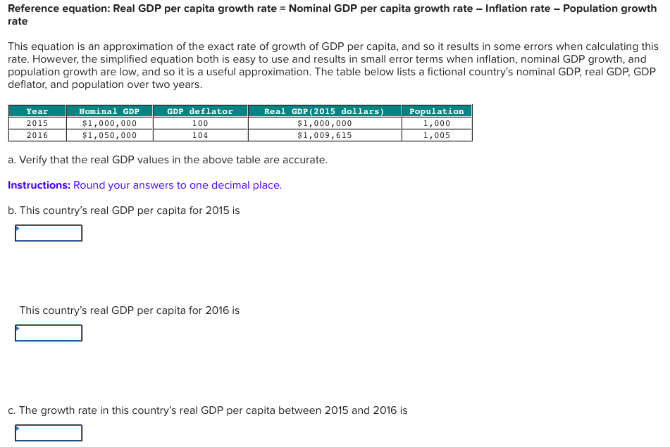 Solved Reference equation: Real GDP per capita growth rate = | Chegg.com