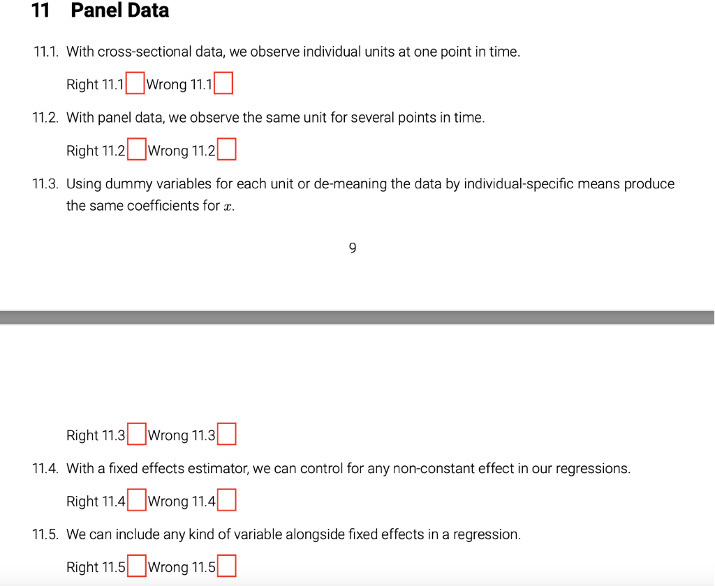 Solved 11 Panel Data 11.1. With cross-sectional data, we | Chegg.com