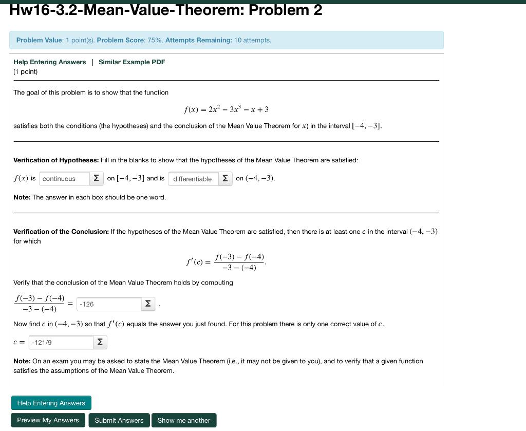 Solved Hw16-3.2-Mean-Value-Theorem: Problem 2 Problem Value: | Chegg.com