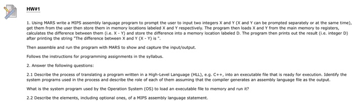 HW# 1 1. Using MARS write a MIPS assembly language | Chegg.com