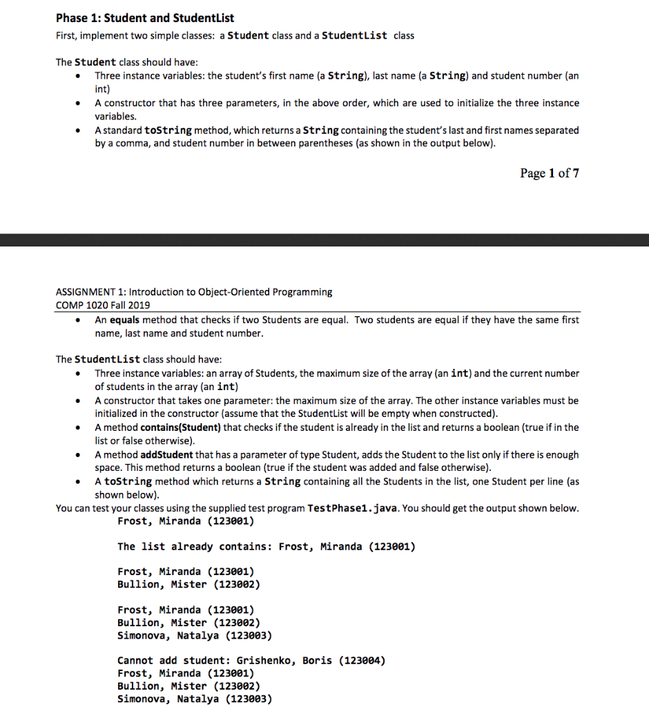 Solved Phase 1: Student and StudentList First, implement two | Chegg.com