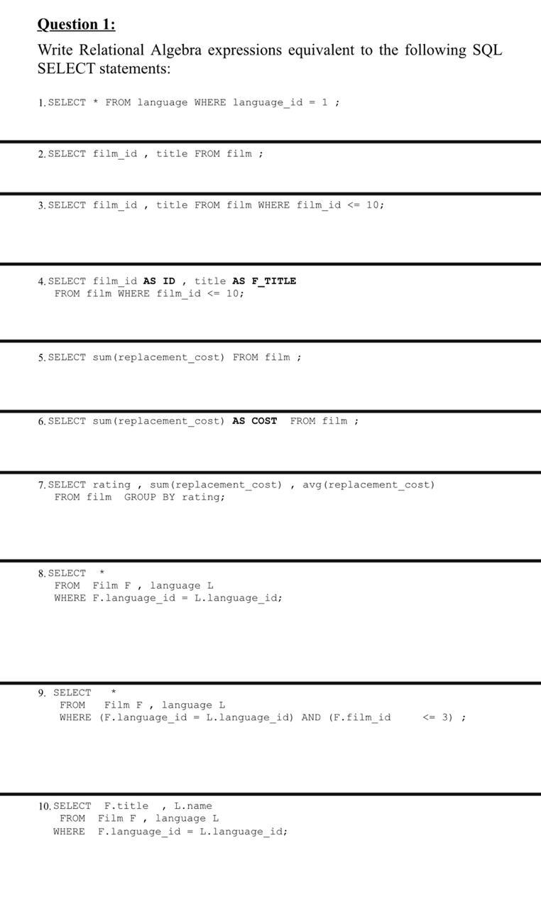 Solved Question 1: Write Relational Algebra expressions | Chegg.com