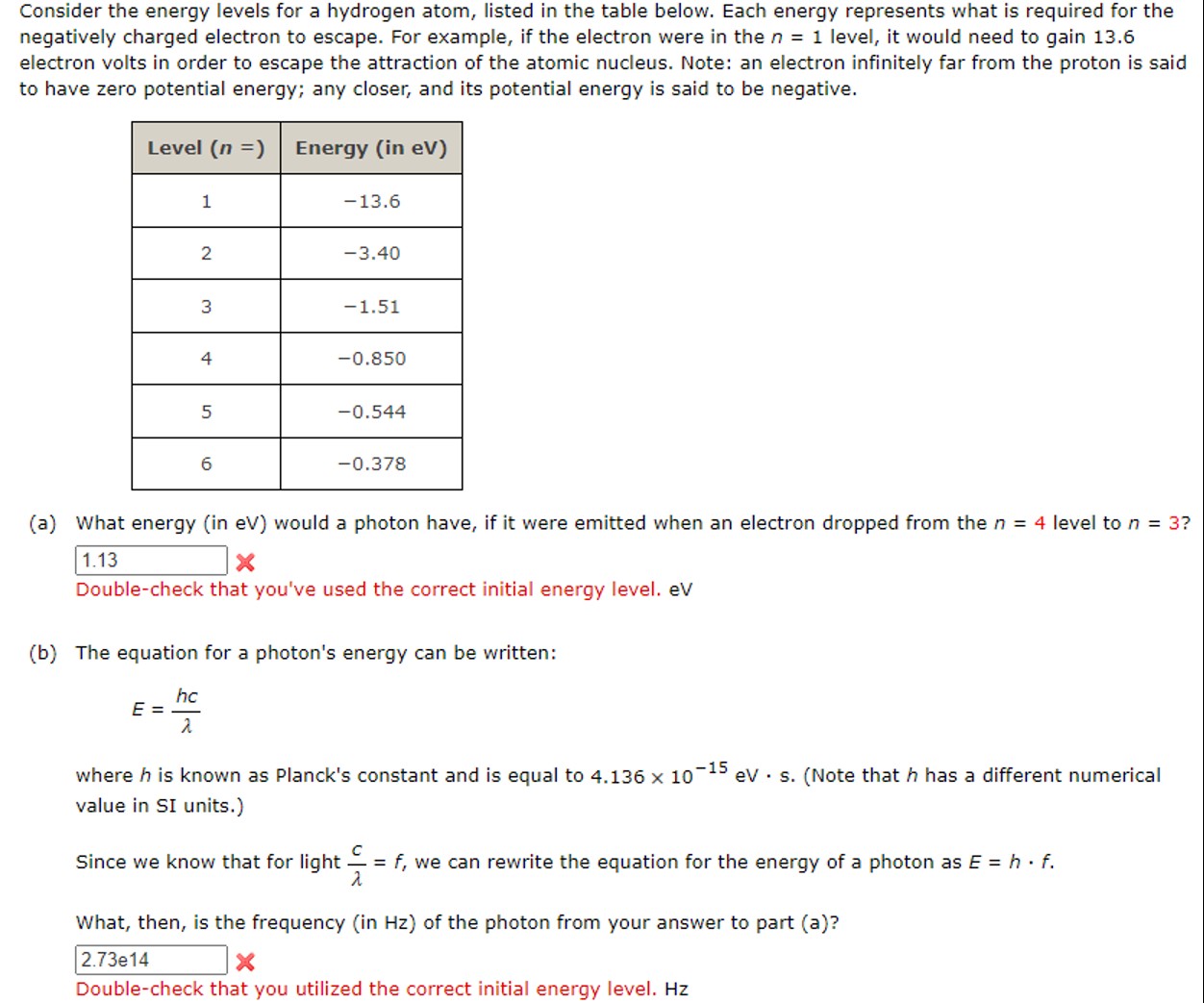 Solved Consider the energy levels for a hydrogen atom, | Chegg.com