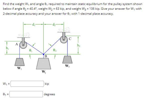 Solved Find the weight W, and angle e, required to maintain | Chegg.com