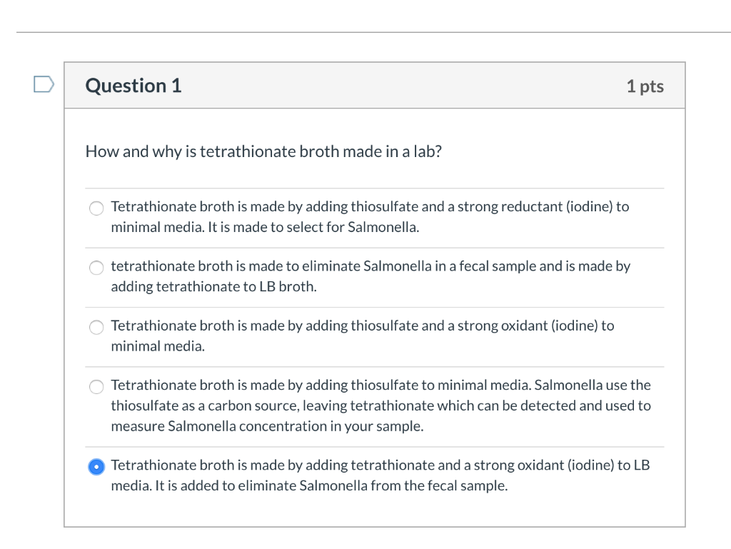 Solved Question 1 1 pts How and why is tetrathionate broth | Chegg.com