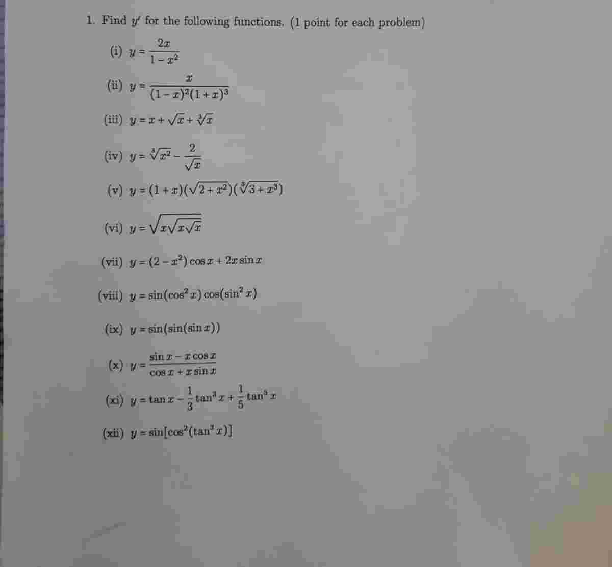 Solved Find y' ﻿for the following functions, | Chegg.com