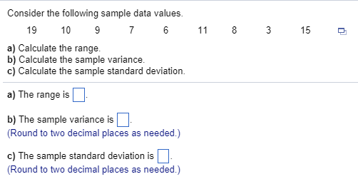 Solved Consider the following sample data values 19 10 7 15 | Chegg.com