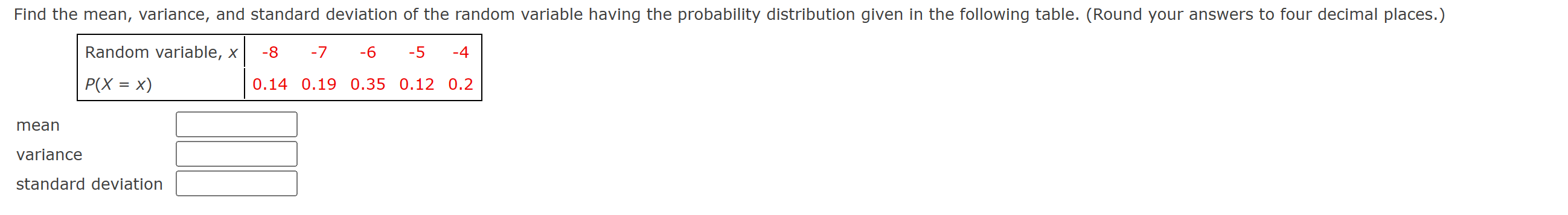 Solved \begin{tabular}{|l|ccccc|} \hline Random variable, x | Chegg.com