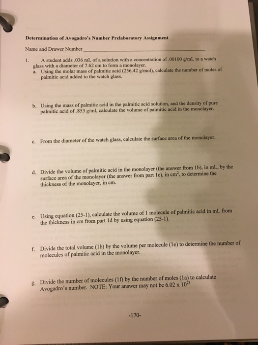 Solved Determination of Avogadro's Number Prelaboratory | Chegg.com