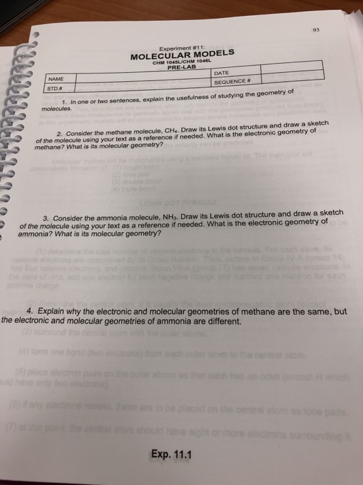 Solved 93 Experiment 11 MOLECULAR MODELS CHM 104SL/CHM 1046L | Chegg.com