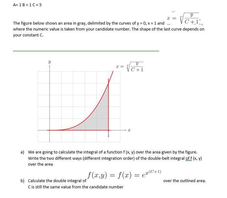 Solved A= 1 B = 1 C = 5 2 = The figure below shows an area | Chegg.com