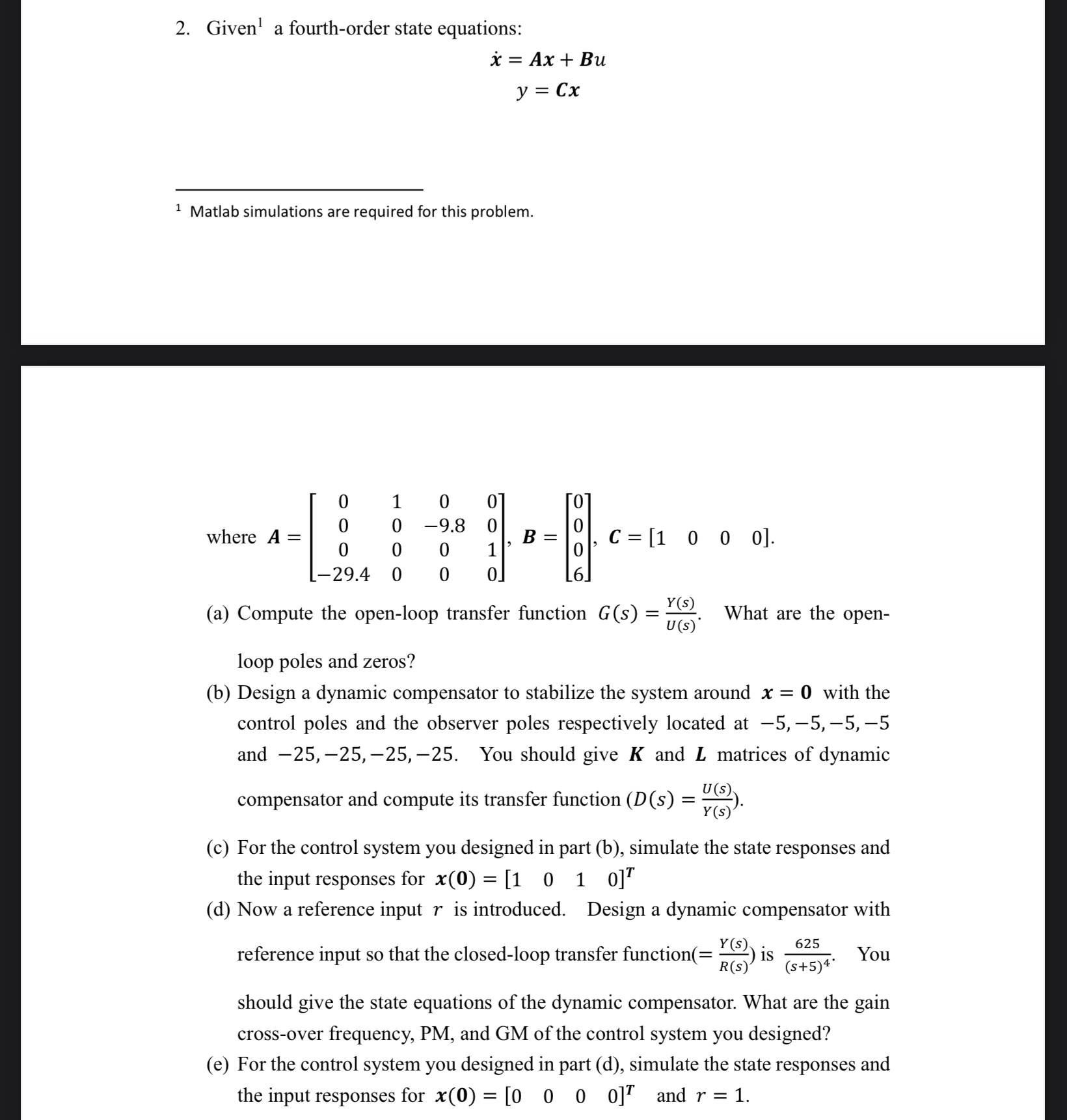 Solved 2. Given 1 a fourth-order state equations: | Chegg.com