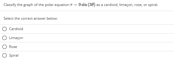 Solved Classify the graph of the polar equation r=9sin(3θ) | Chegg.com