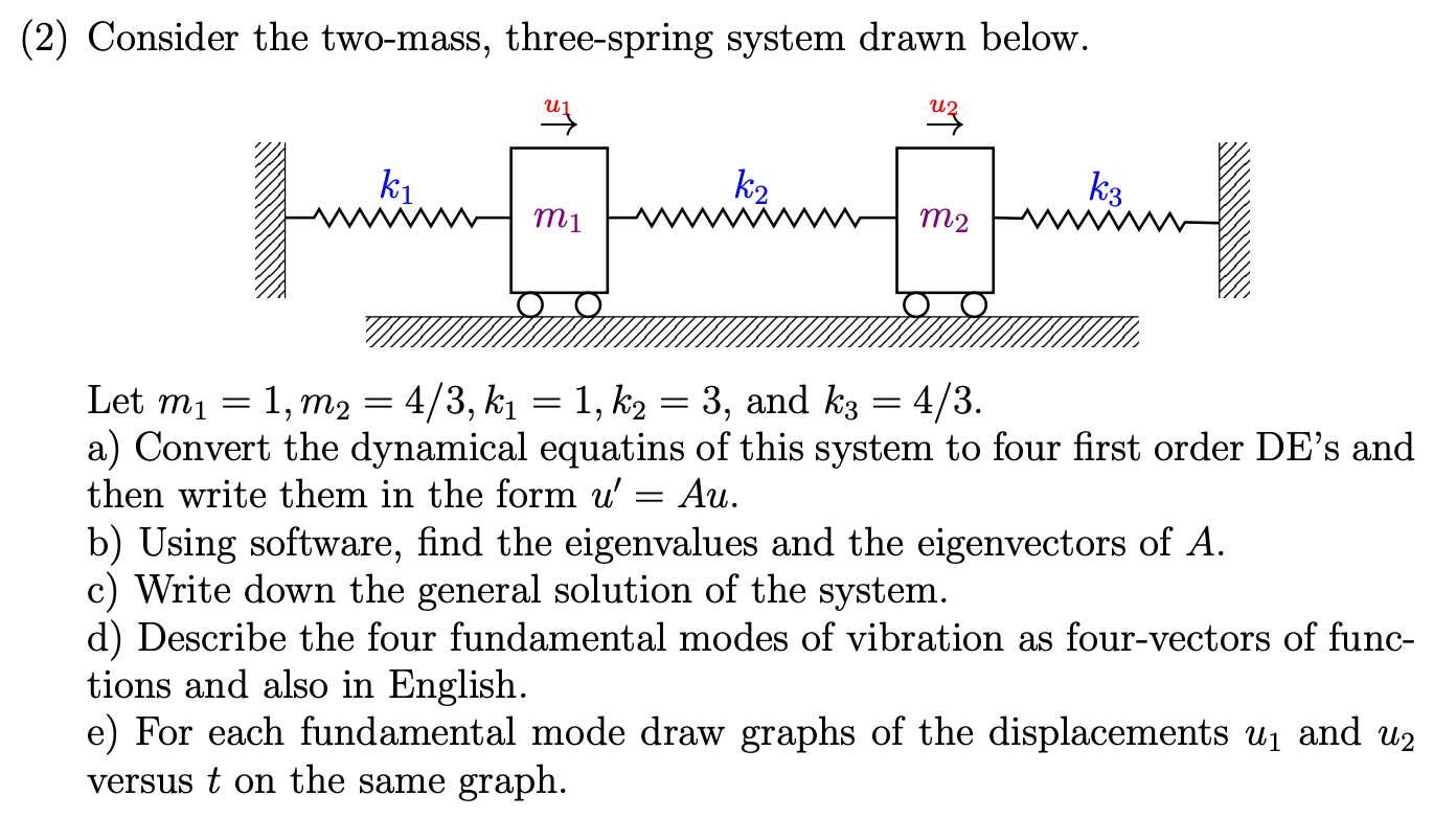 (2) Consider the two-mass, three-spring system drawn | Chegg.com