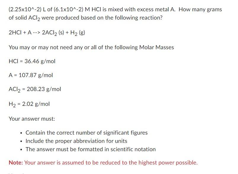 Solved of solid ACl2 were produced based on the following | Chegg.com
