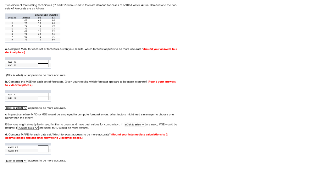 Solved Two different forecasting techniques (F1 and F2) were | Chegg.com