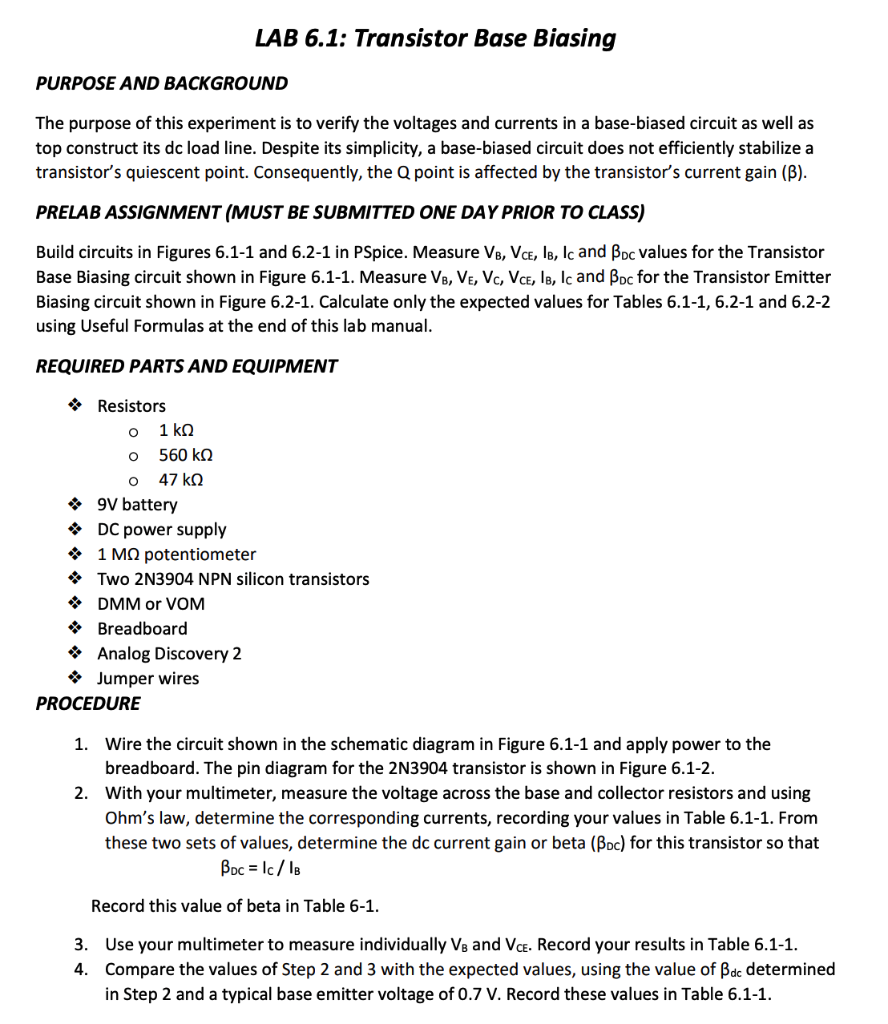 Solved LAB 6.1: Transistor Base Biasing PURPOSE AND | Chegg.com