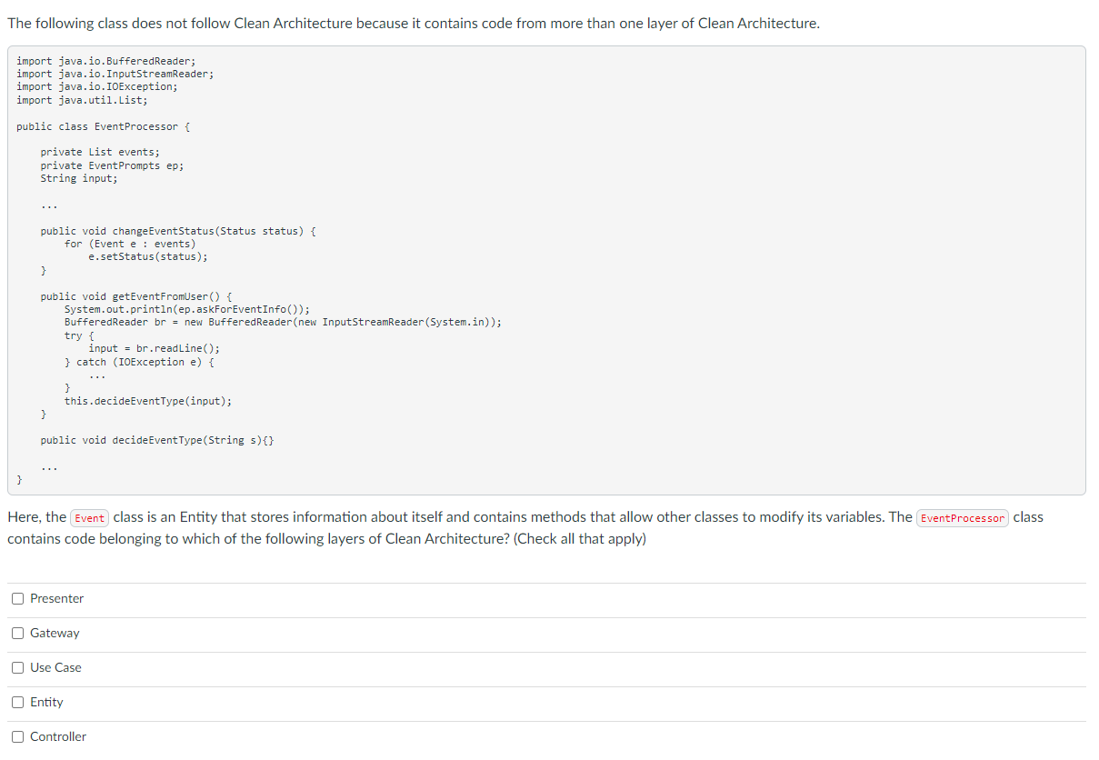 Solved The following class does not follow Clean | Chegg.com