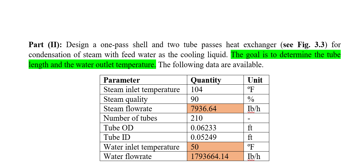 F Part (II): Design a one-pass shell and two tube | Chegg.com