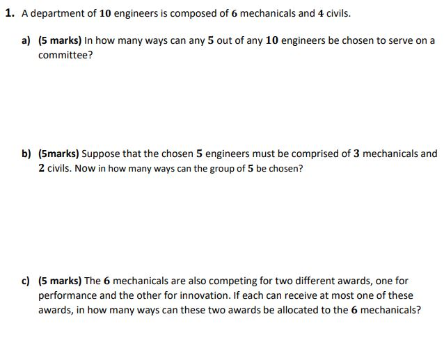 Solved 1. A department of 10 engineers is composed of 6 | Chegg.com