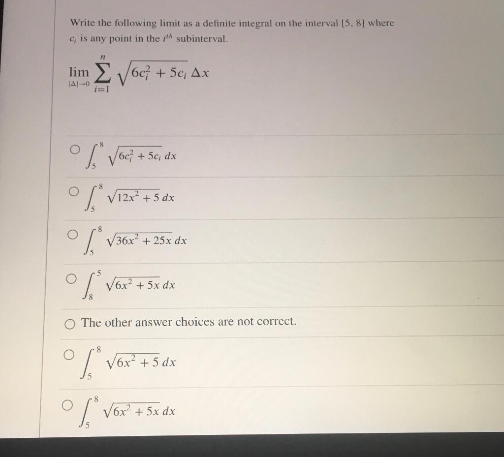 Solved Write the following limit as a definite integral on | Chegg.com