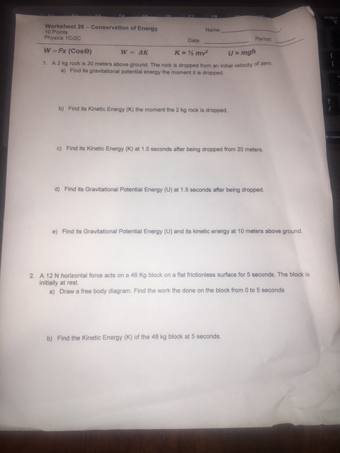 Solved Worksheet 26-Conservation of Energy 10 Points Name | Chegg.com