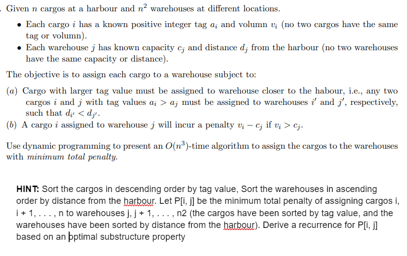 Solved Given n cargos at a harbour and n2 warehouses at | Chegg.com