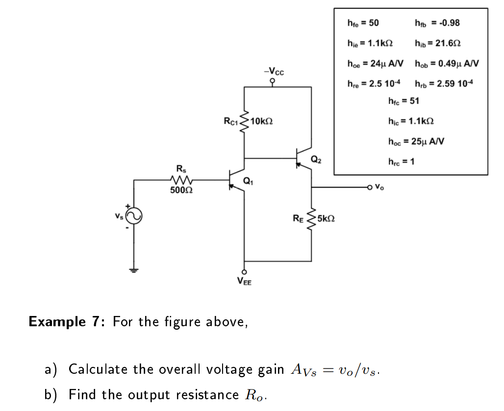 Solved hfe = 50 hfb = -0.98 hie = 1.1ks 2 hib = 21.632 hoe = | Chegg.com