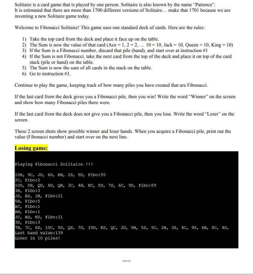 Solved Solitaire is a card game that is played by one | Chegg.com