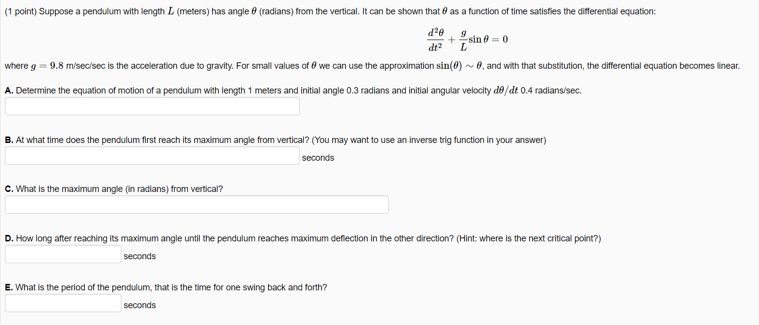 (1 point) Suppose a pendulum with length L (meters) | Chegg.com