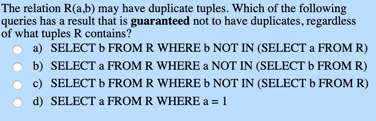 Solved The relation R(a,b) may have duplicate tuples. Which | Chegg.com