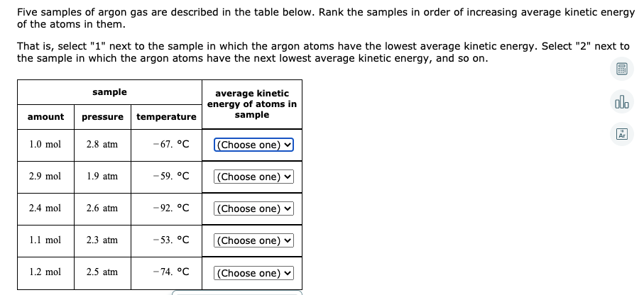 Solved Five samples of argon gas are described in the table | Chegg.com
