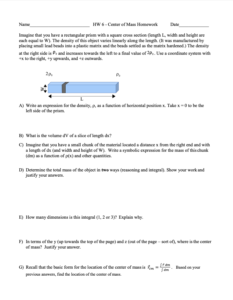 Solved Name HW 6 - Center of Mass Homework Date Imagine that | Chegg.com