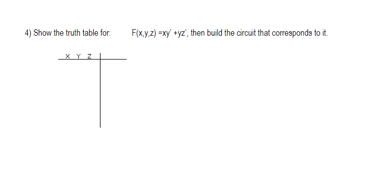 Solved 4) Show the truth table for: F(x,y,z)=xy′+yz′, then | Chegg.com