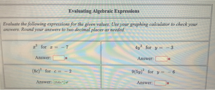 Solved Evaluating Algebraic Expressions Evaluate the | Chegg.com
