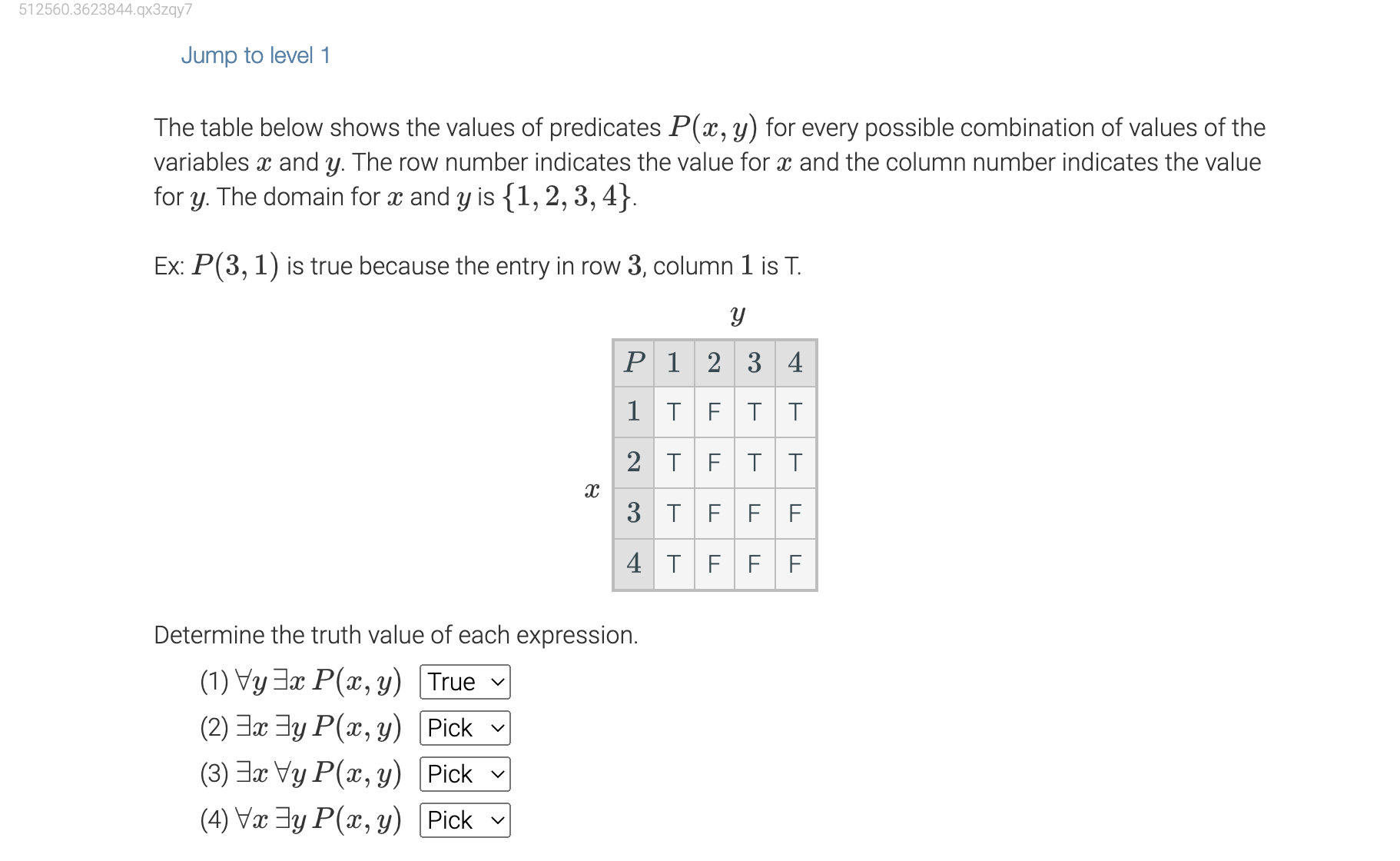 Solved The table below shows the values of predicates P(x,y) | Chegg.com
