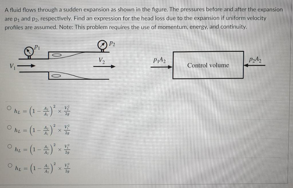 Solved A fluid flows through a sudden expansion as shown in | Chegg.com